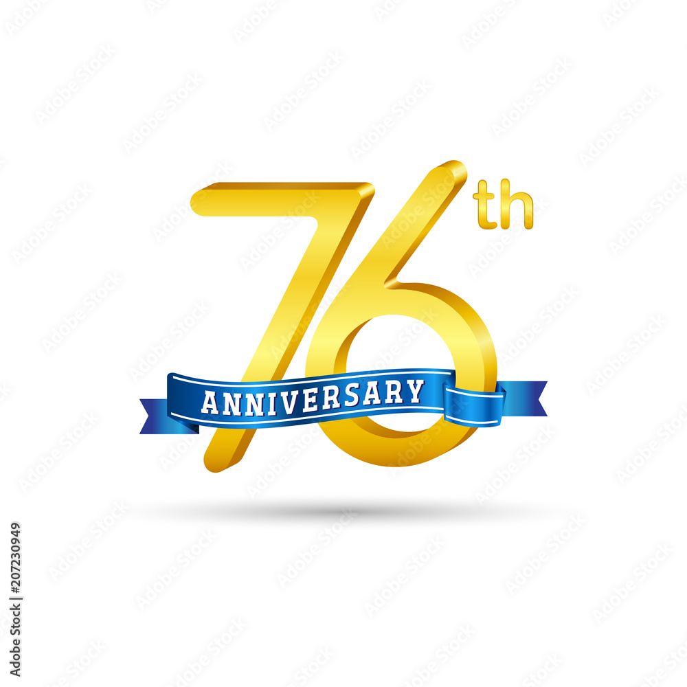 76th golden Anniversary logo with blue ribbon isolated on white ...