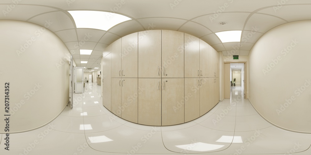 Medical institution corridor leading to other rooms of a beige hospital ...