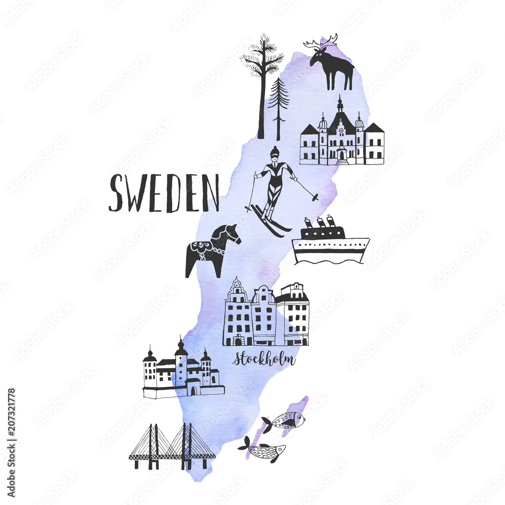 Vector watercolor map with handdrawn illustrations of famous ...