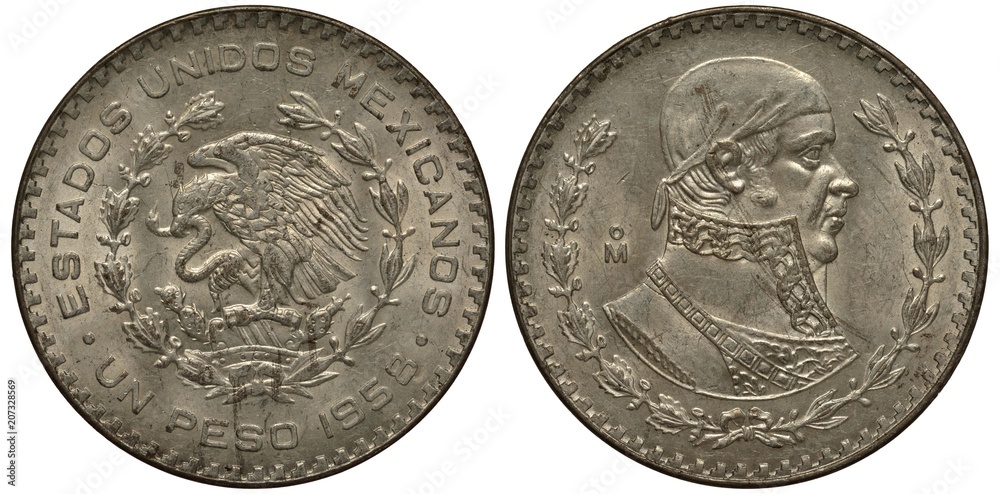 Mexico Mexican silver coin 1 one peso 1958, eagle on cactus catching ...
