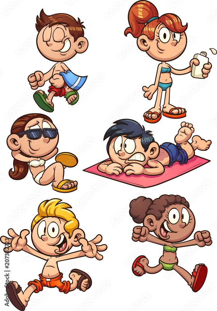 Cartoon kids ready for summer. Vector clip art illustration with simple ...