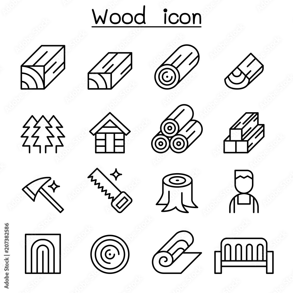 Wood icon set in thin line style Stock Vector | Adobe Stock