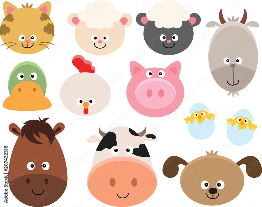 Farm Animal Faces Clipart Set Stock Vector | Adobe Stock