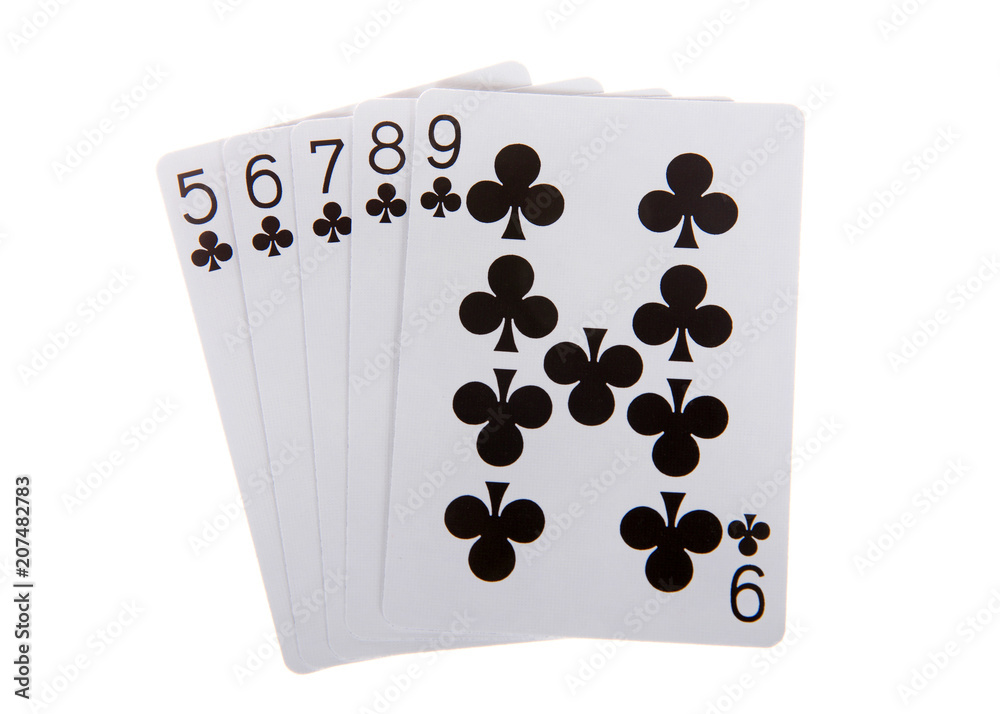 Playing cards, a straight flush. A straight flush is a five card ...