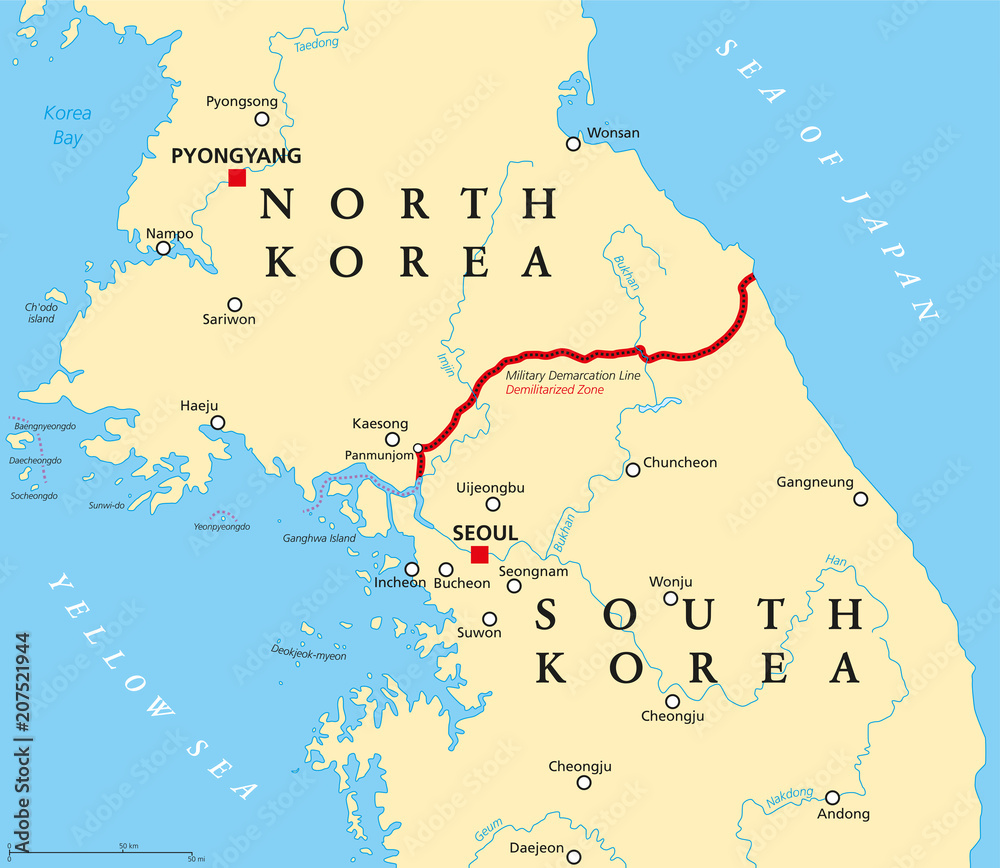 Korean Peninsula, Demilitarized Zone, political map. North and South ...