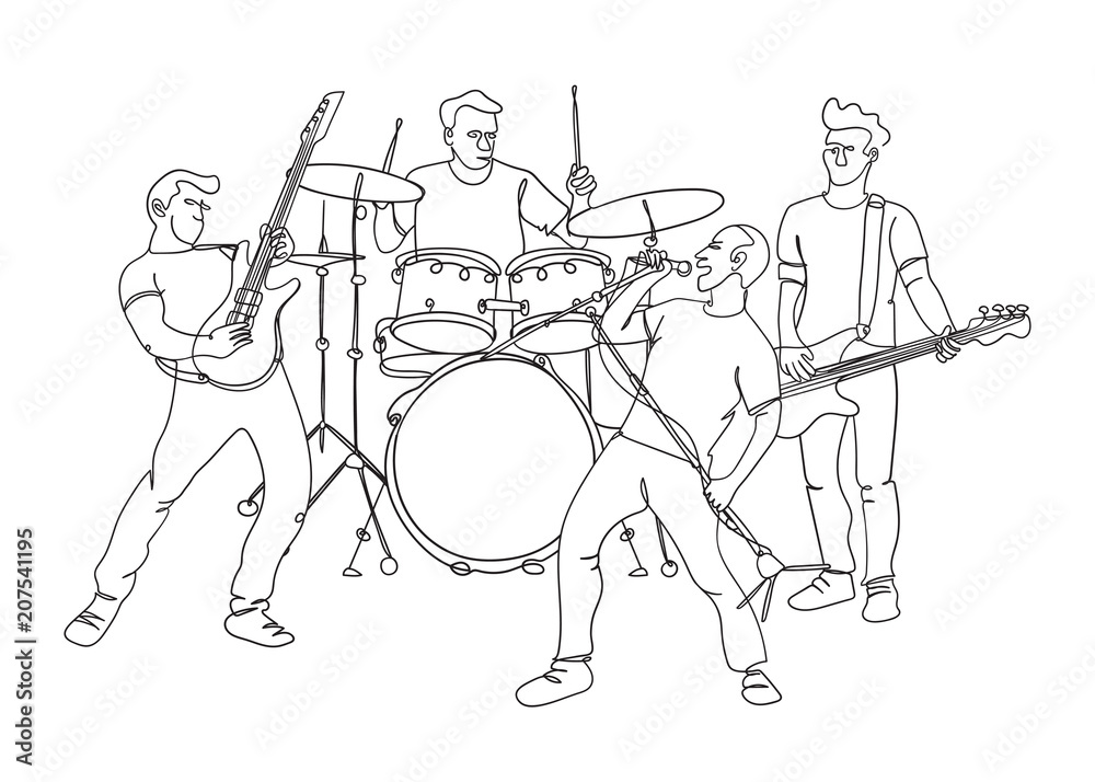 เวกเตอร์ Stock Rock music band illustration in continuous single line ...