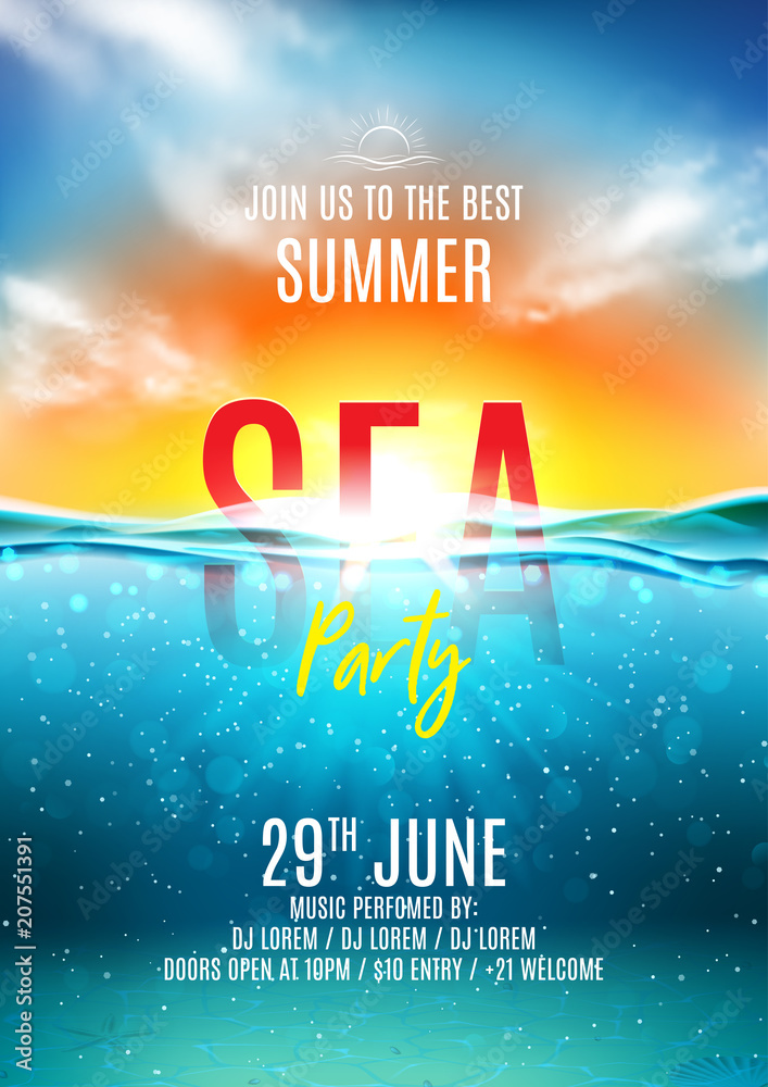 Summer sea party poster. Vector illustration with deep underwater ocean ...