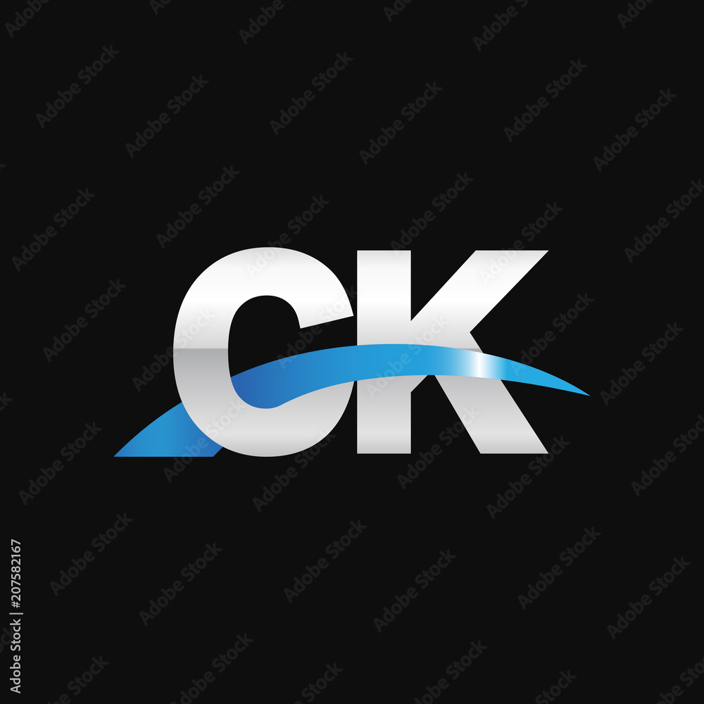 Initial letter CK, overlapping movement swoosh logo, metal silver blue ...