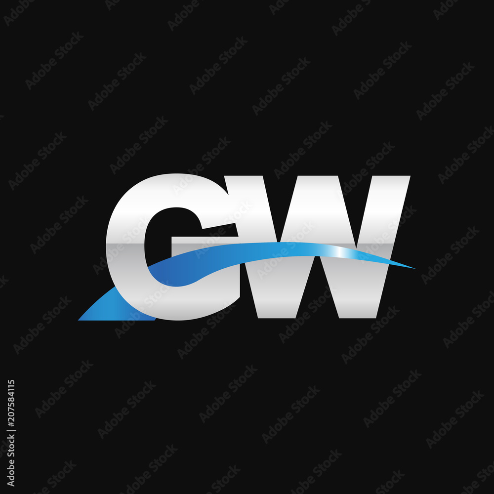 Initial letter GW, overlapping movement swoosh logo, metal silver blue ...