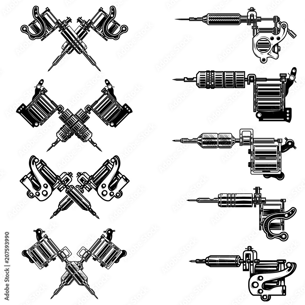 Set of tattoo machine illustrations. Design element for logo, label ...