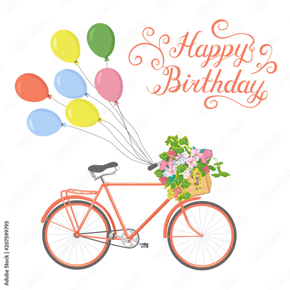 Hand drawn bicycle with flowers and balloons. Greeting card with Happy ...