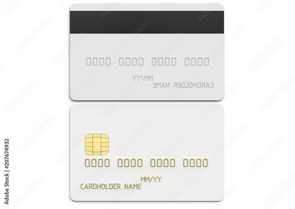Front and back view of debit plastic card or credit card, white with ...