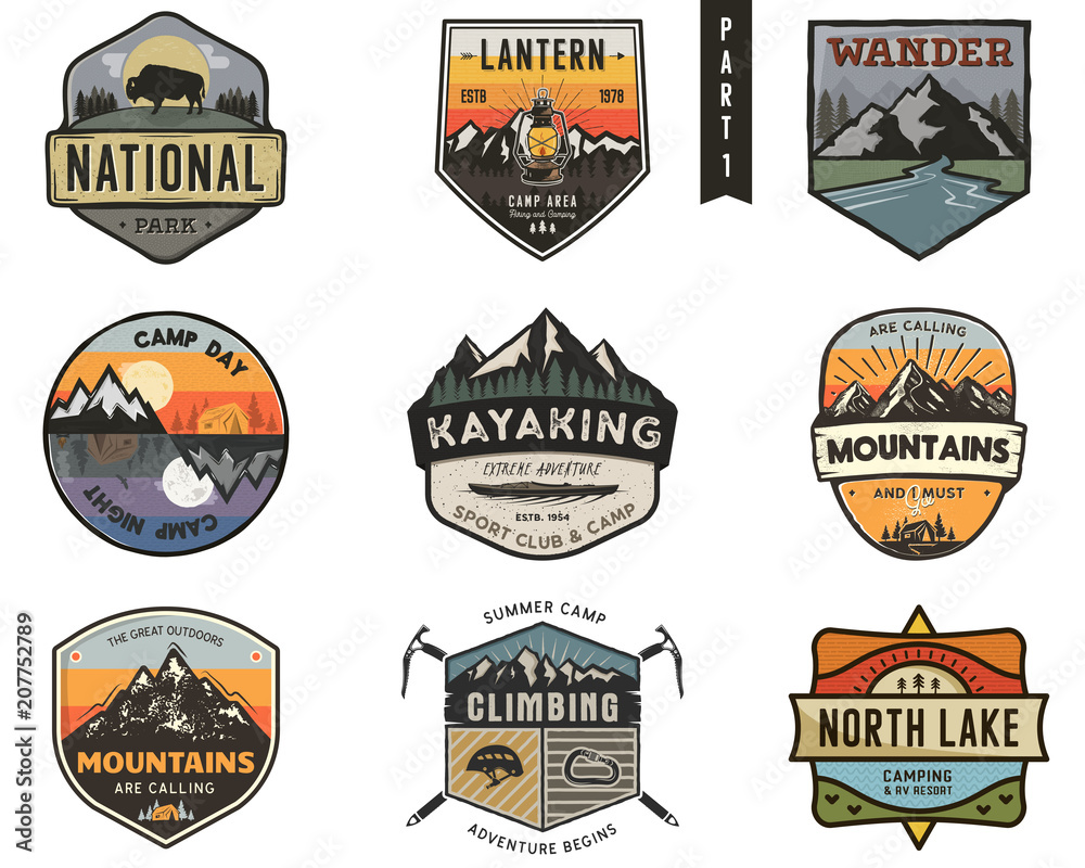 Set of vintage hand drawn travel badges. Camping labels concepts ...