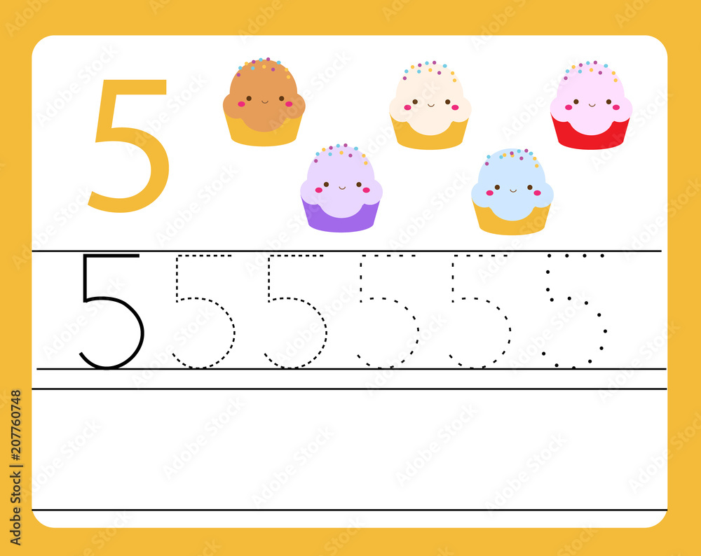Handwriting practice. Learning numbers with cute characters. Number ...