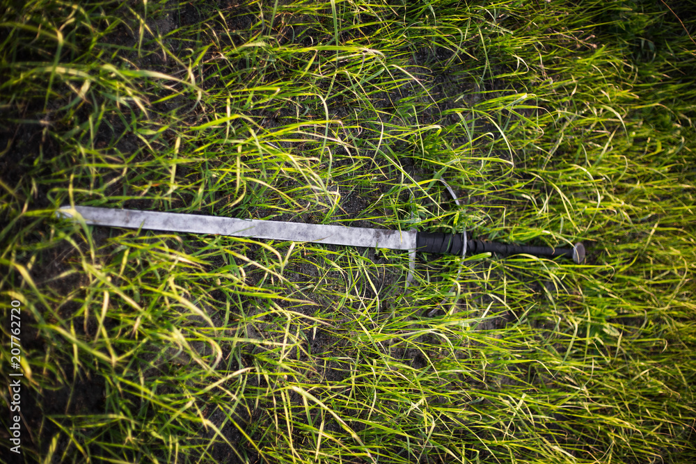 a two-handed sword lies in a tall green grass. The battlefield, after ...