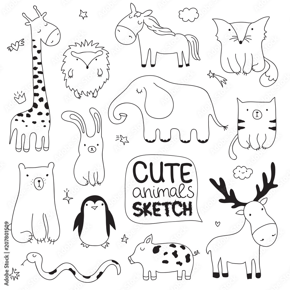 Vector cartoon sketch illustration with cute doodle animals Stock ...