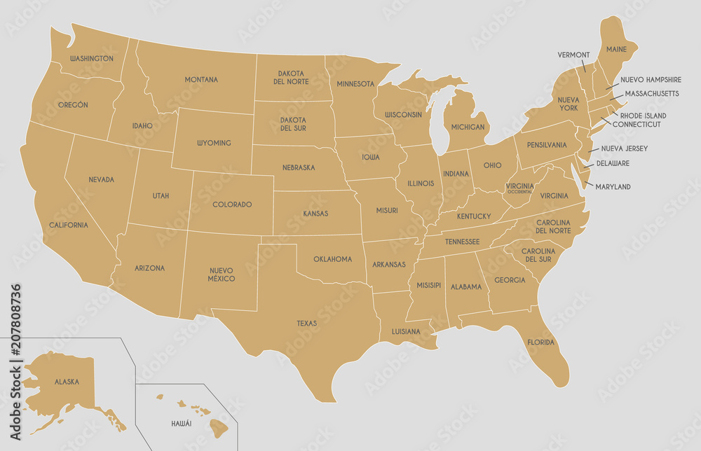 USA Map vector illustration with country names in spanish. Editable and ...