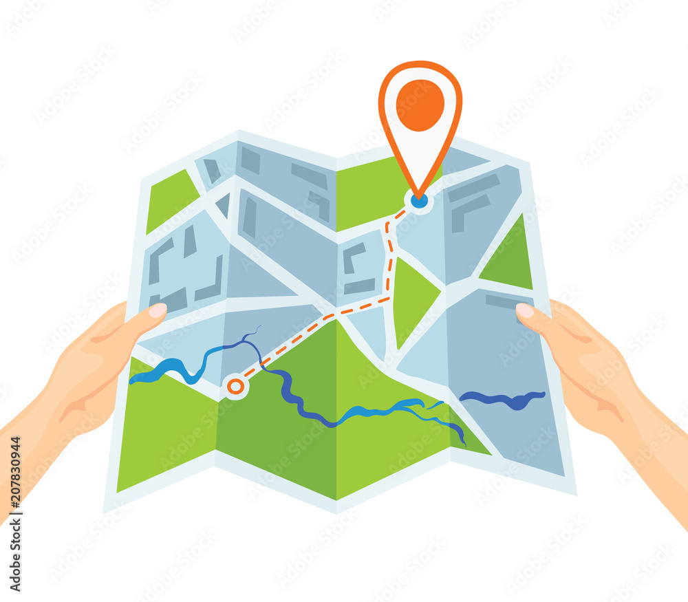Destination concept. Vector illustration of hands holding map with pin ...