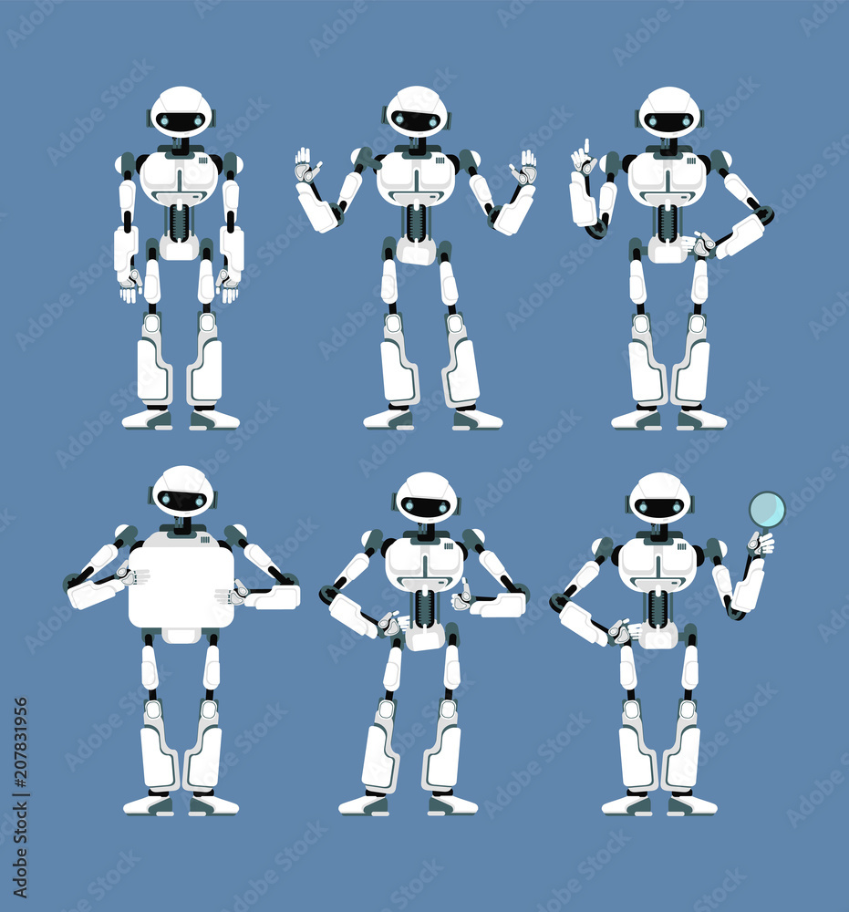 Cybernetic robot android with bionic arms and eyes in different poses ...