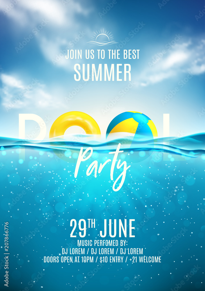 Summer pool party poster template. Vector illustration with deep ...