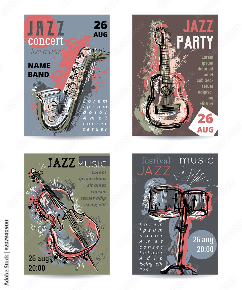Jazz music party with musical instruments. Saxophone, guitar, cello ...
