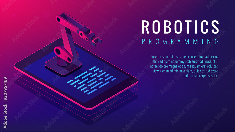 Isometric automated robot arm on tablet screen. Robotics research ...