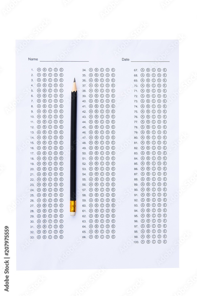 Standardized test form with answers bubbled in and a pencil isolated on ...