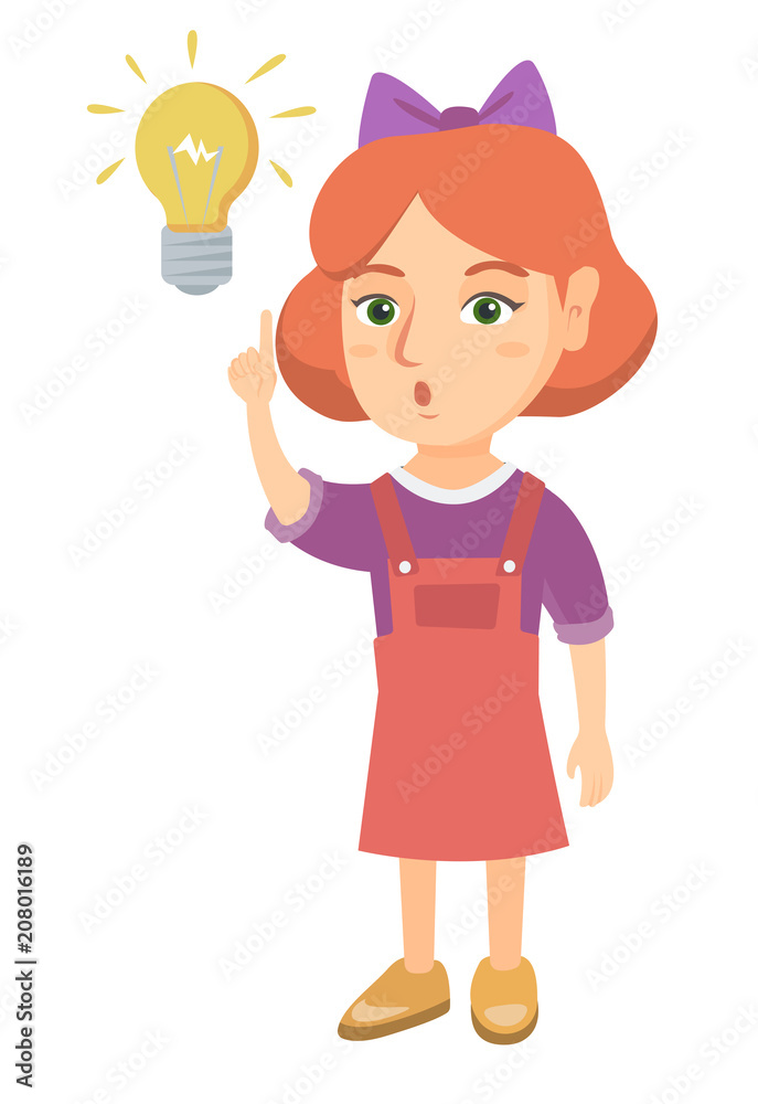Caucasian smart little girl having a bright idea. Clever girl with open ...