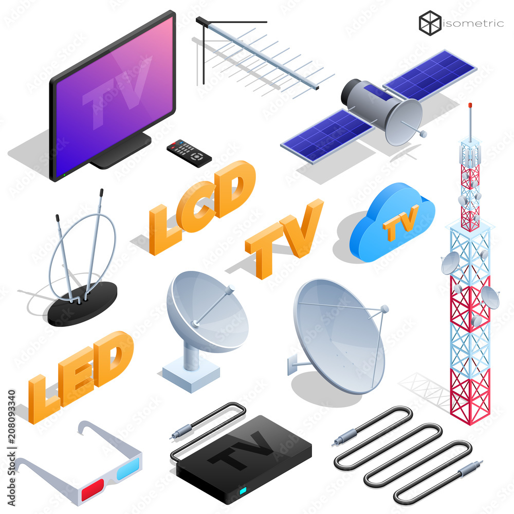 Vector tv antenna, realistic satellite antenna TV router, tv isometric ...