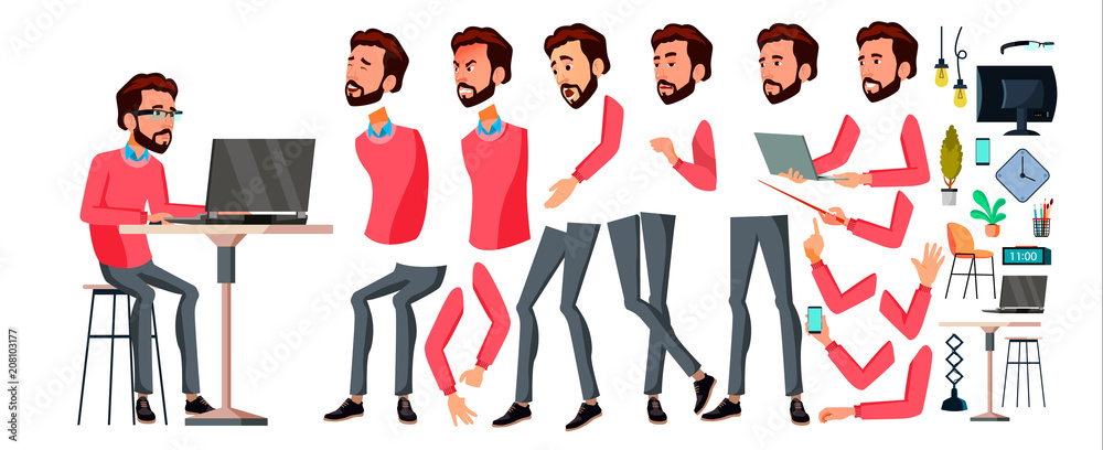 Office Worker Vector. Face Emotions, Various Gestures. Animation ...