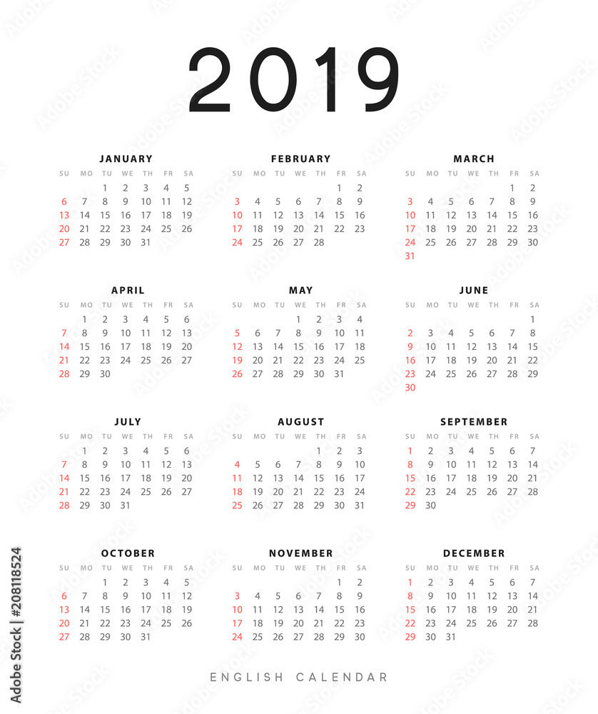 Simple english calendar for 2019 years, Week starts from Sunday. Stock ...