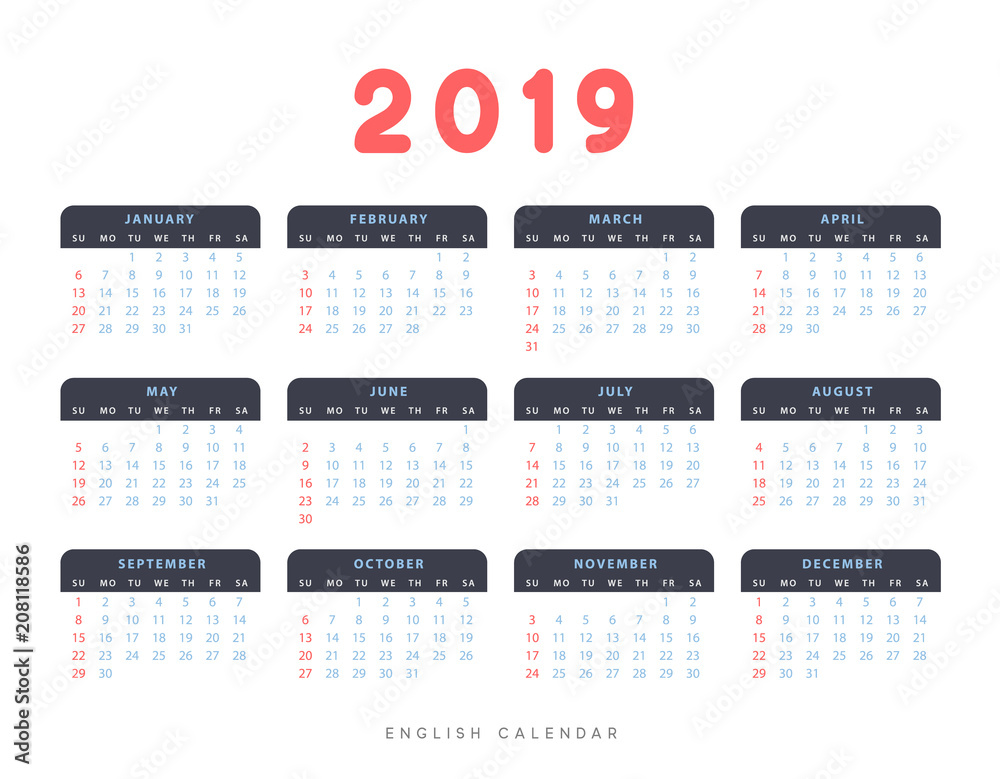 Simple english calendar for 2019 years, Week starts from Sunday. Stock ...