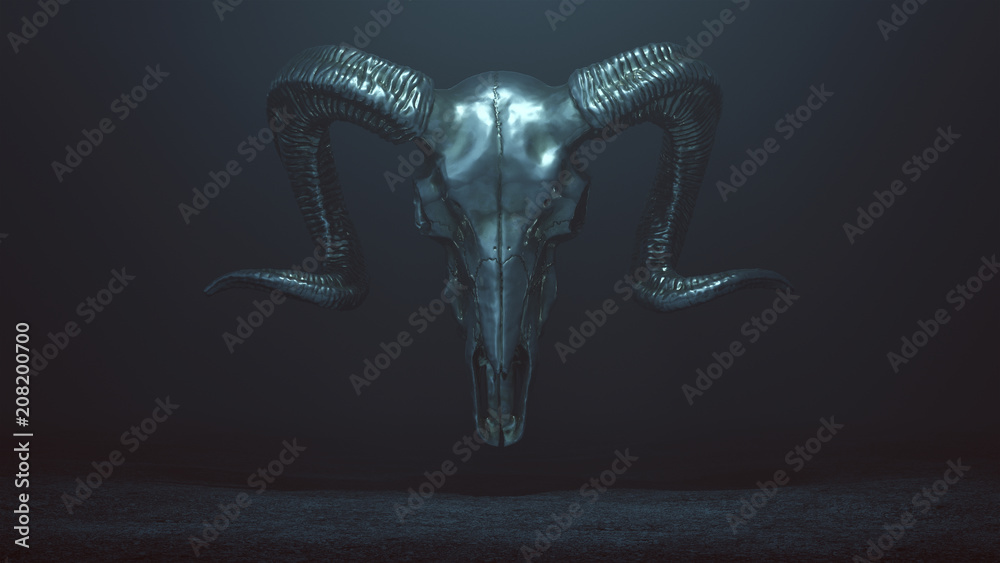 Floating Evil Silver Ram Skull Spirit in a foggy void 3d Illustration ...