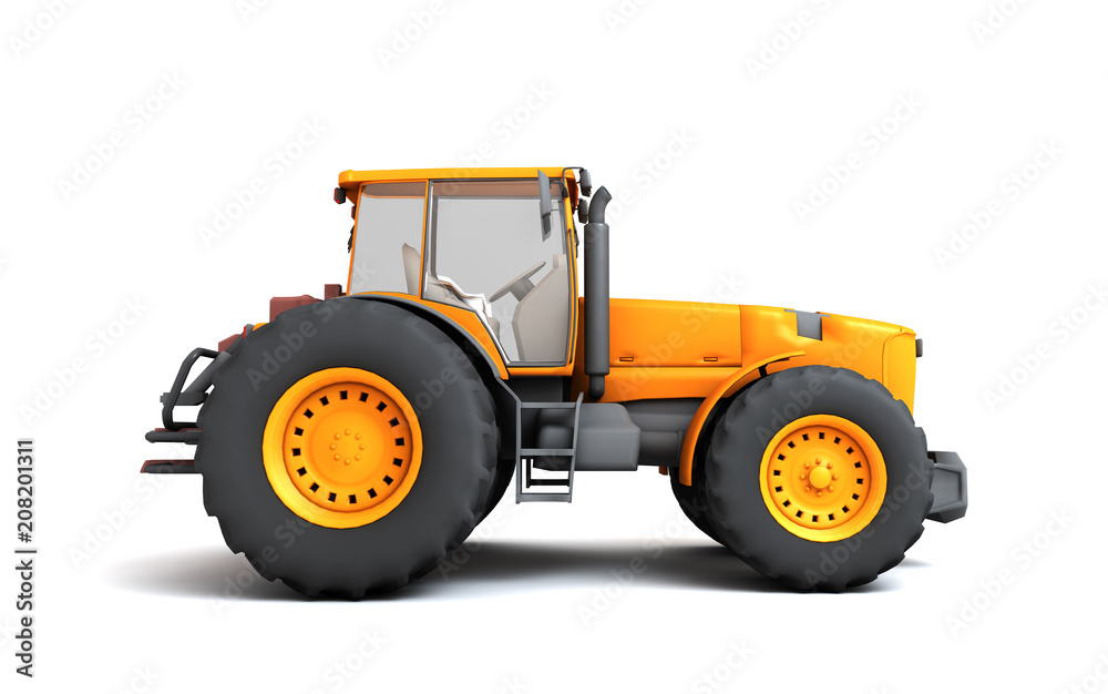 Orange wheel harvesting tracktor moving from left to right isolated on ...