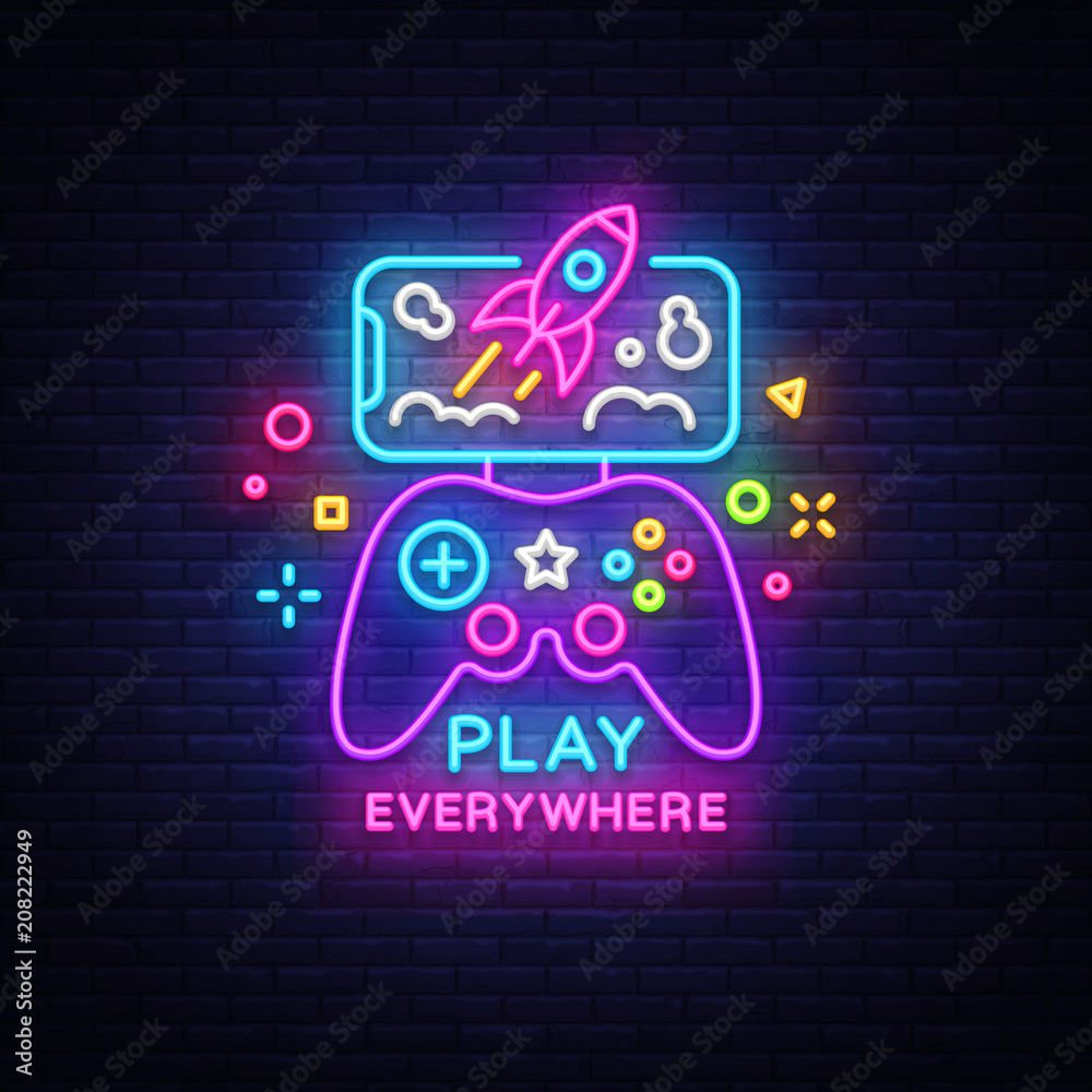 Gamepad and Smartphone neon sign vector. Games for Smartphone Logotype ...