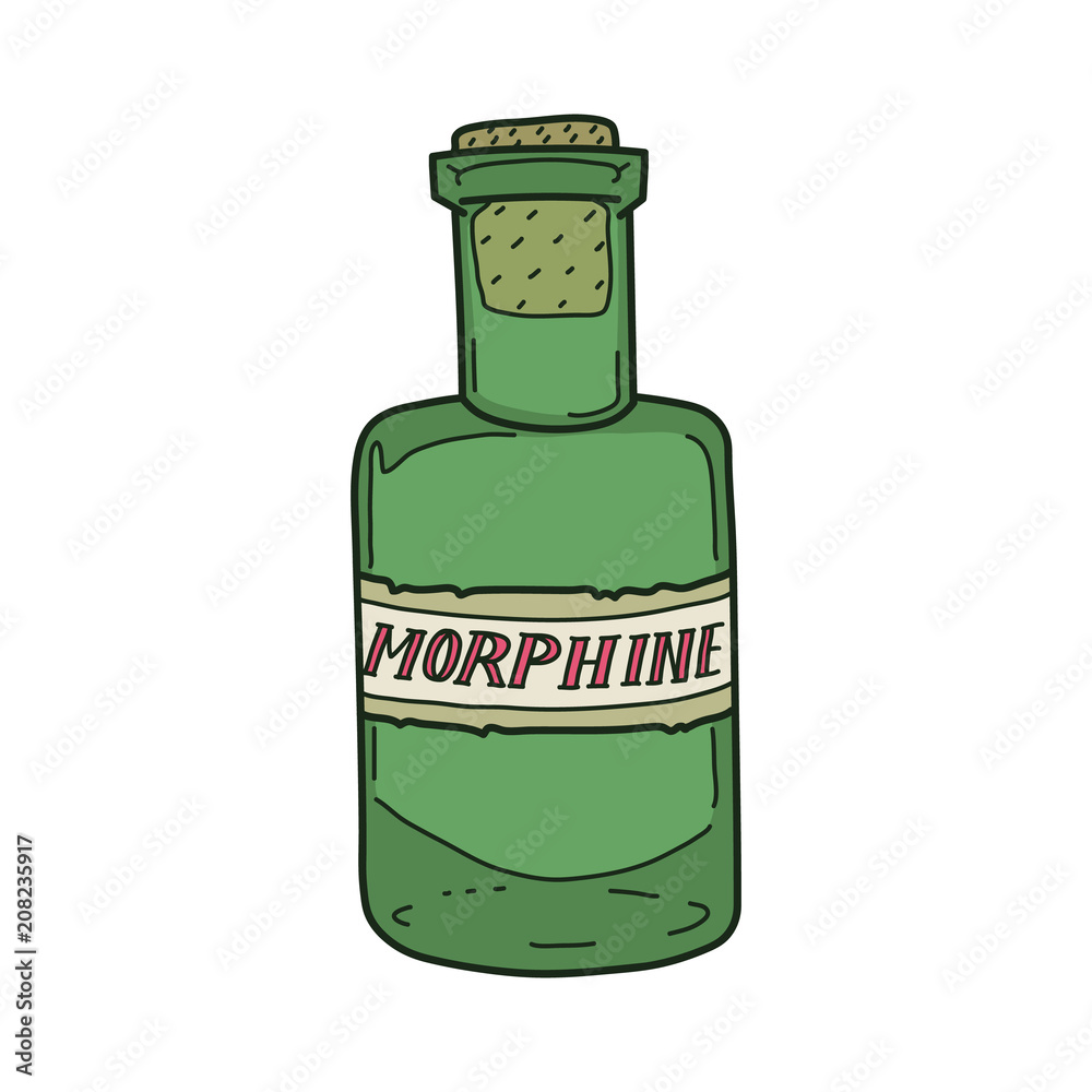Hand drawn colorful illustration of green vintage morphine bottle ...