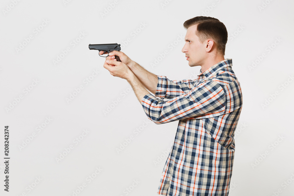 Man aiming with gun in hand pointing gesture isolated on white ...