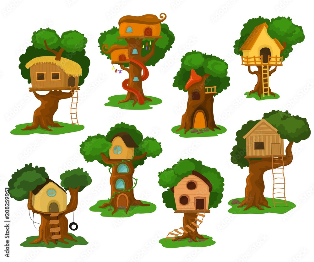 Tree house vector wooden playhouse building on oak tree for kids in ...