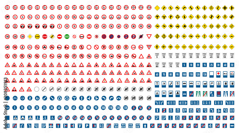 Largest set of international road signs on white Stock Vector | Adobe Stock