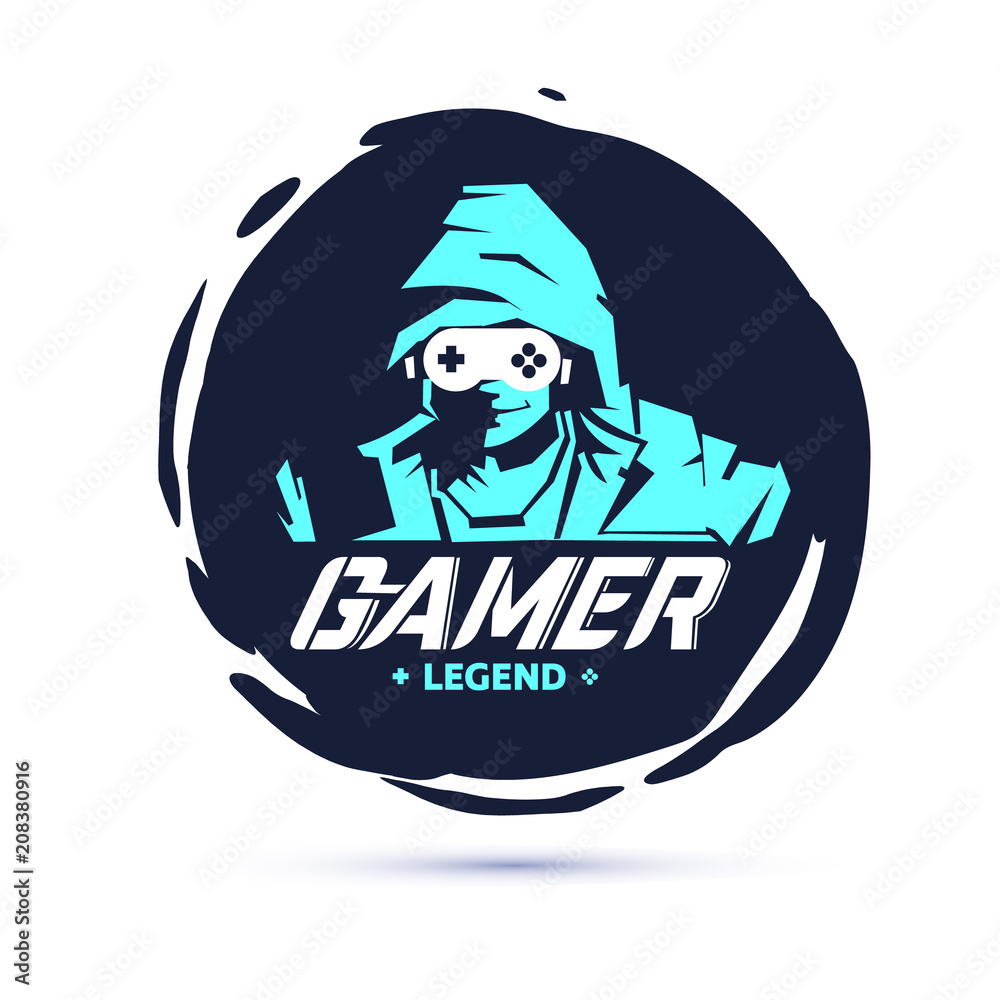 men in hood sweater in dark room. negative space with console joystick ...