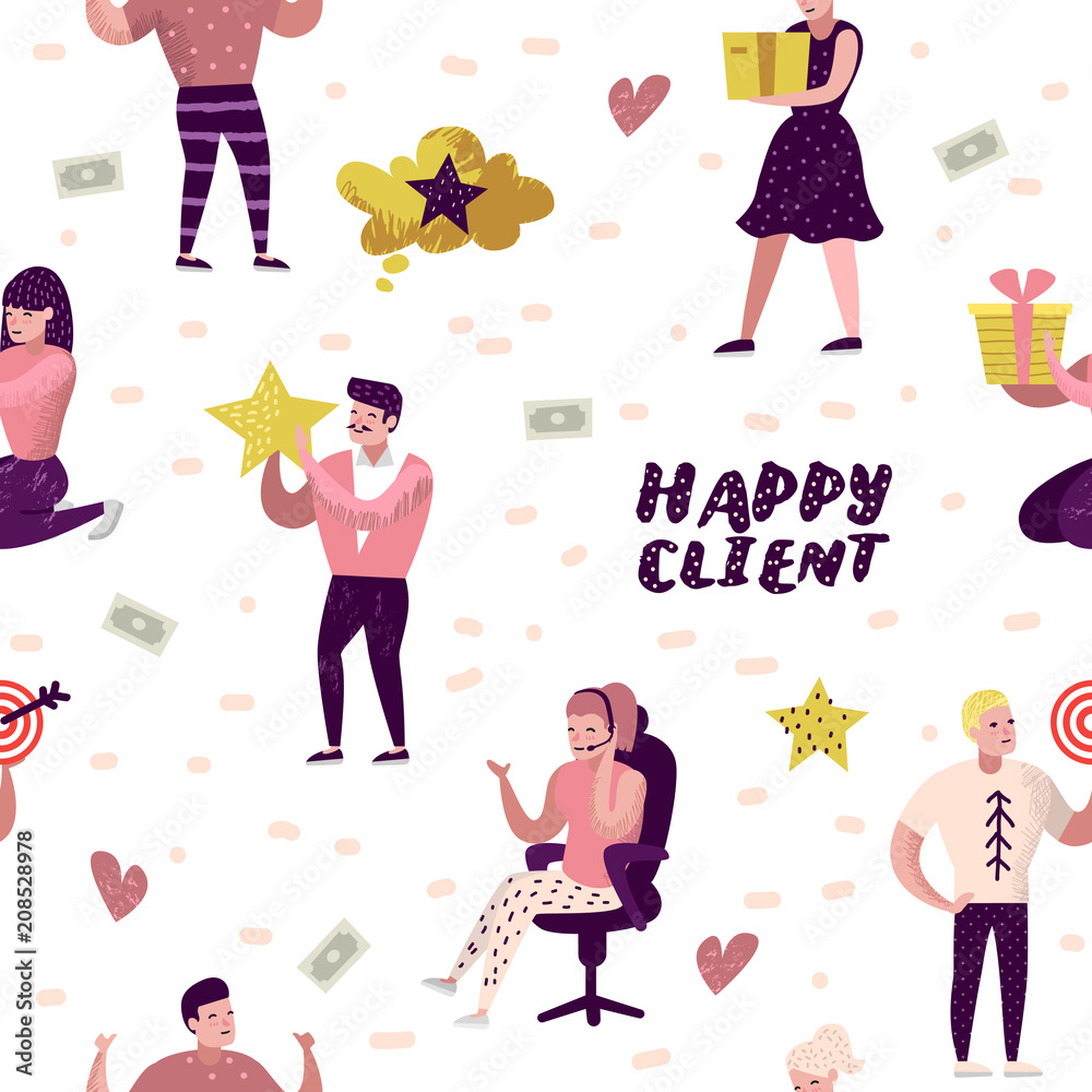 Happy Client Cartoons Seamless Pattern. Woman with Gift Box. Salesman ...