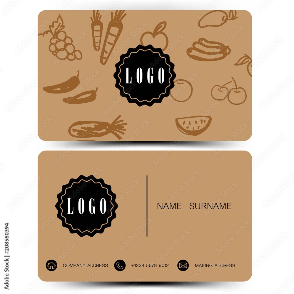 Brown color. business card design doodle concept. Vegetables and fruits ...