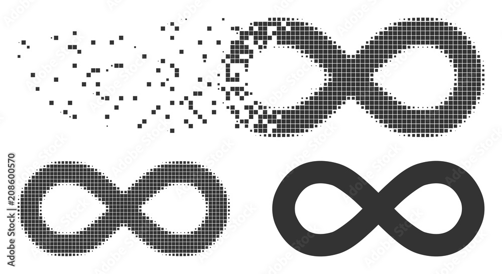 Grey vector infinity icon in dissolved, pixelated halftone and ...