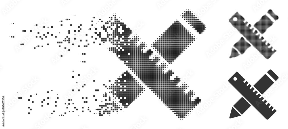 Gray vector pen and ruler design tools icon in dispersed, dotted ...
