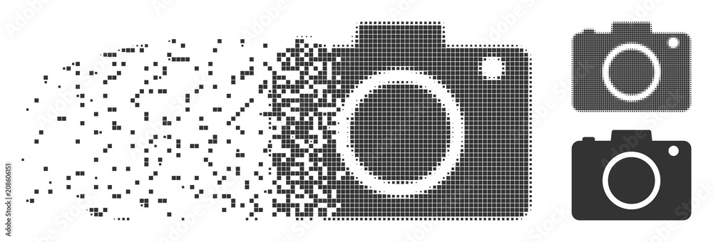 Gray vector photo camera icon in dispersed, pixelated halftone and ...