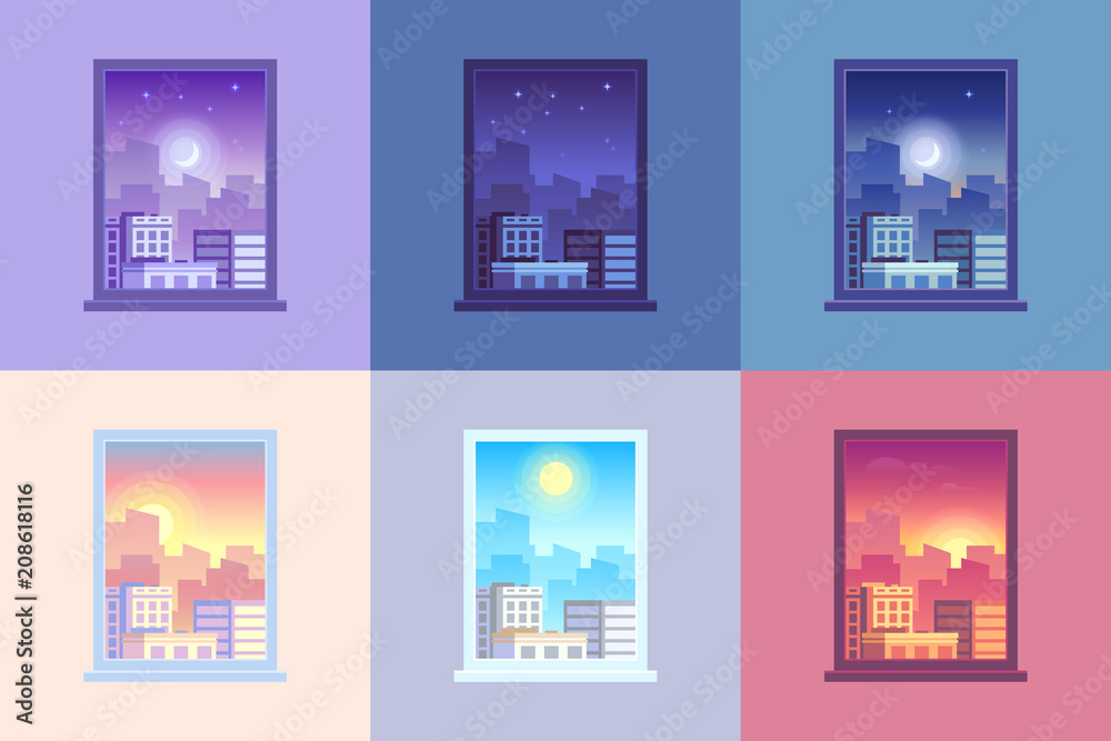 Window day time view. Sunrise and sun dawn morning noon and sunset dusk ...