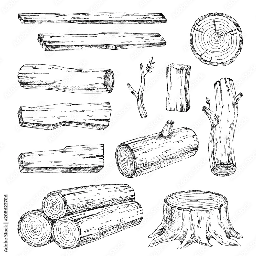 Wood, burning materials. Vector sketch illustration collection ...