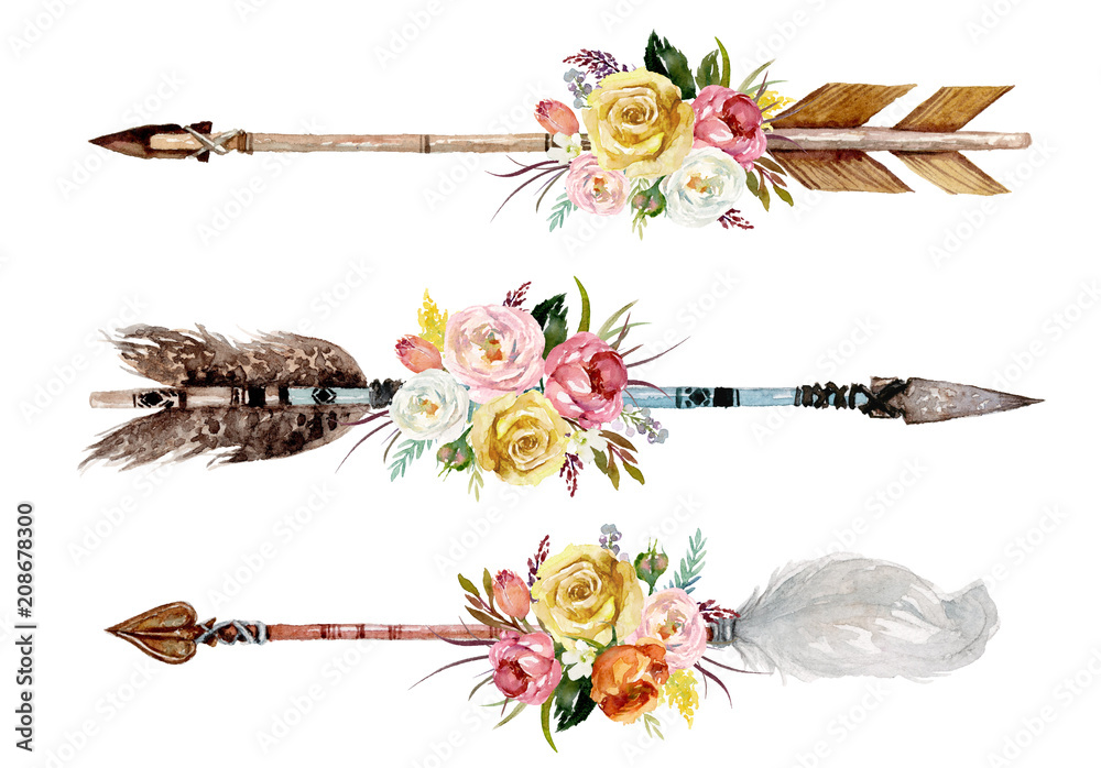 Watercolor ethnic boho set of arrows, feathers and flowers, native ...