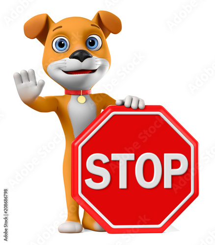 3d rendering. Funny dog with a stop sign on a white background. Stock ...