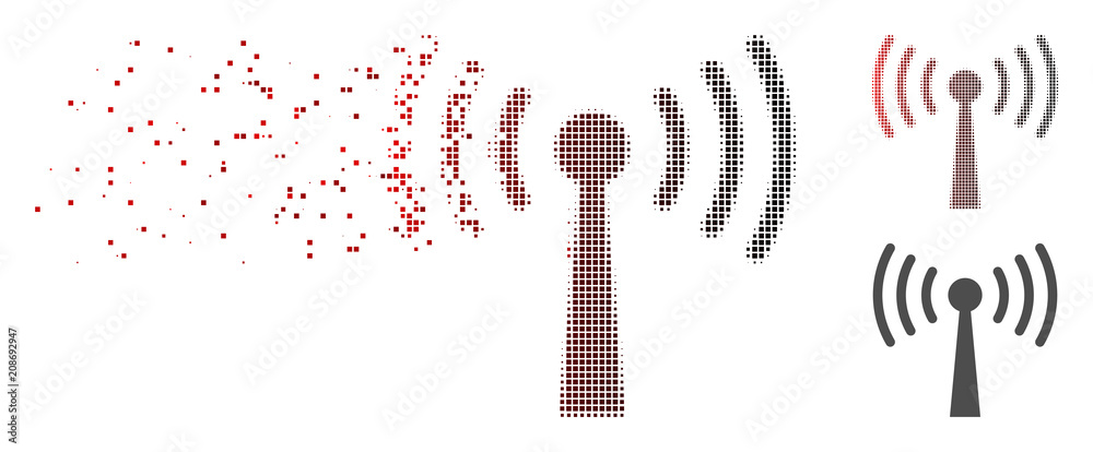 Vector Wi-Fi station icon in dispersed, pixelated halftone with red to ...